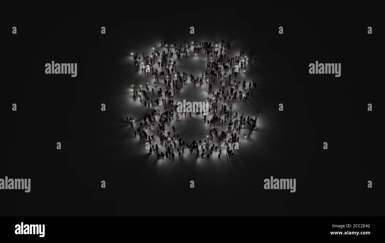 3d rendering of crowd of different people with flashlight in shape of ...