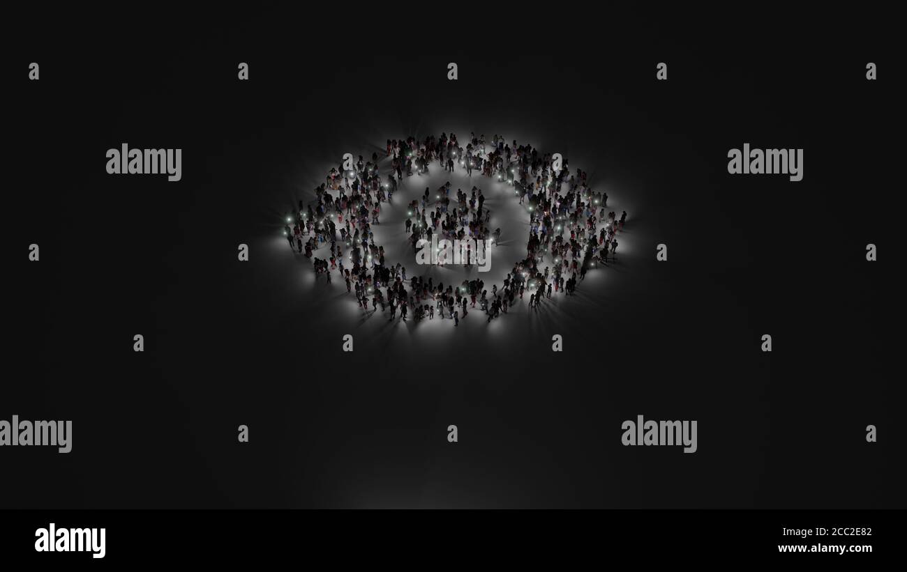 3d rendering of crowd of different people with flashlight in shape of ...
