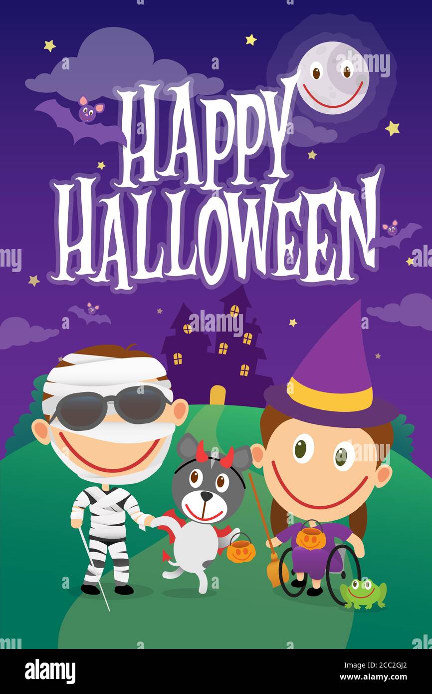 Blind boy and wheelchair girl on halloween costumes. Disabled children ...