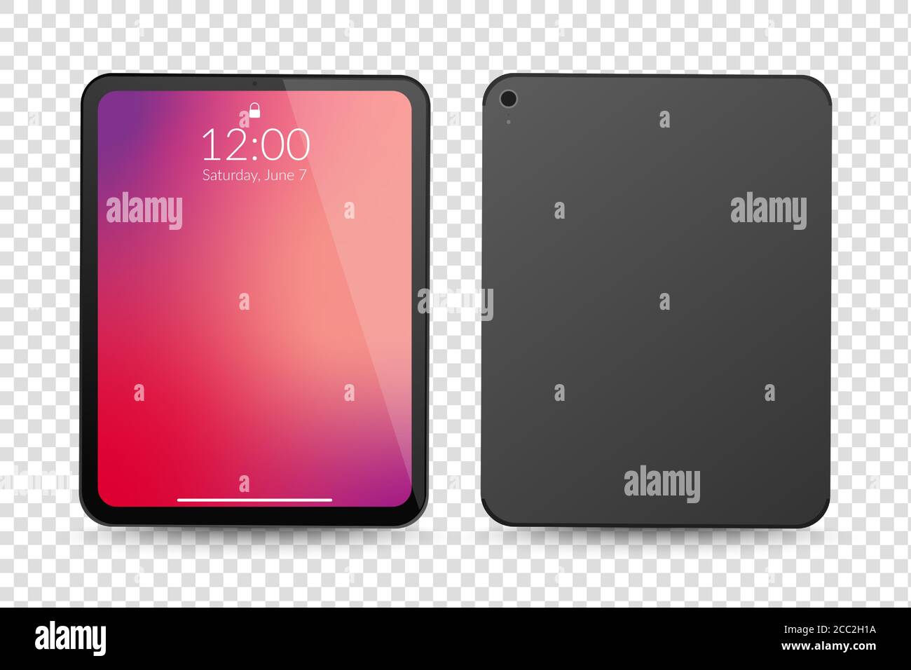 Tablet computer front and back side. Vector realistic mock up. Vertical ...