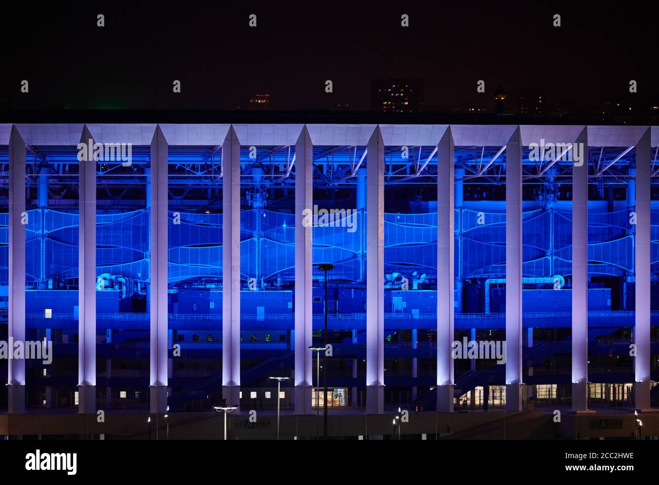 Stadium night lights, close up. Blue lighting of sports facility ...