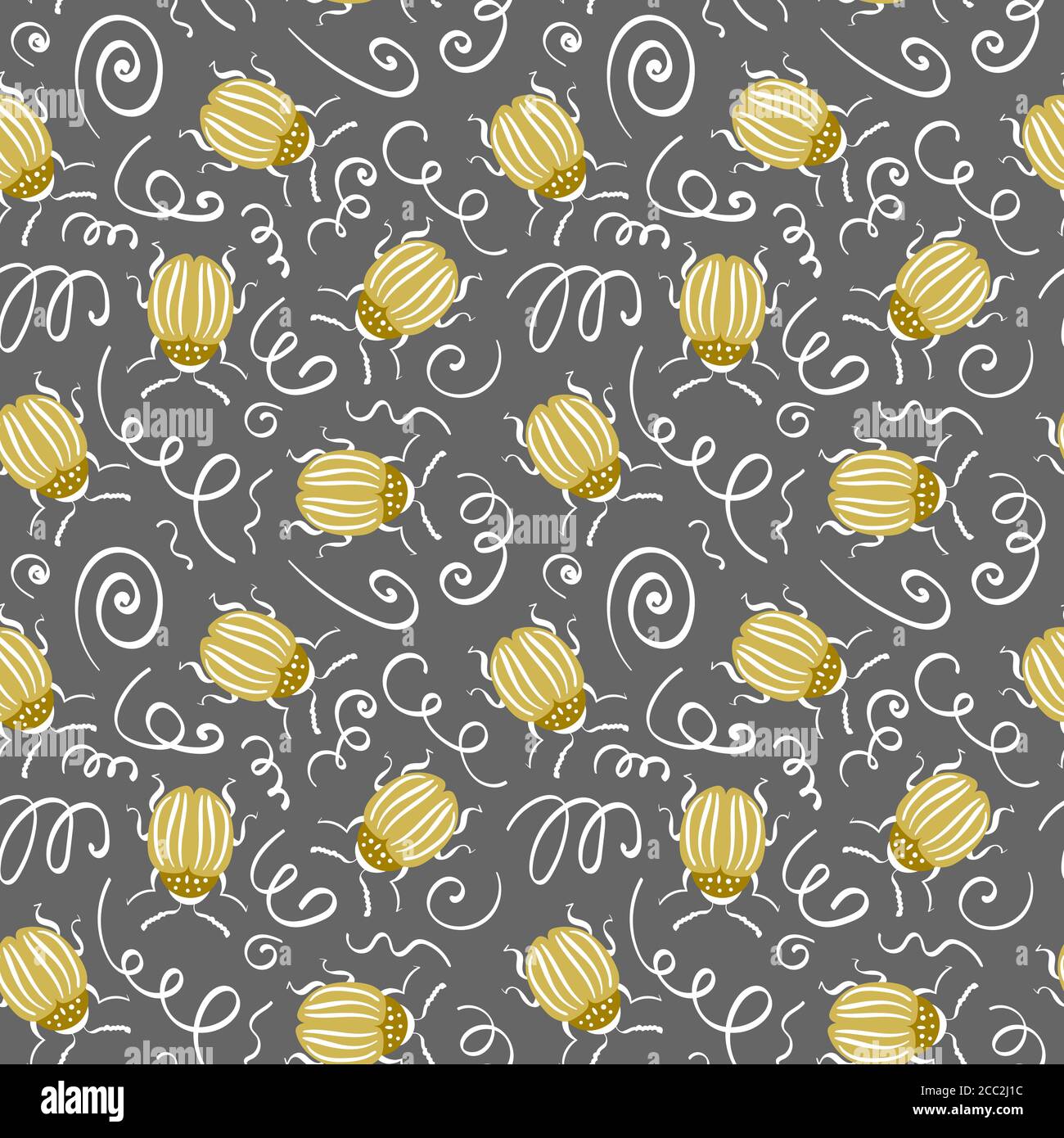 Seamless pattern with gold Colorado potato bugs and scrawl on gray ...
