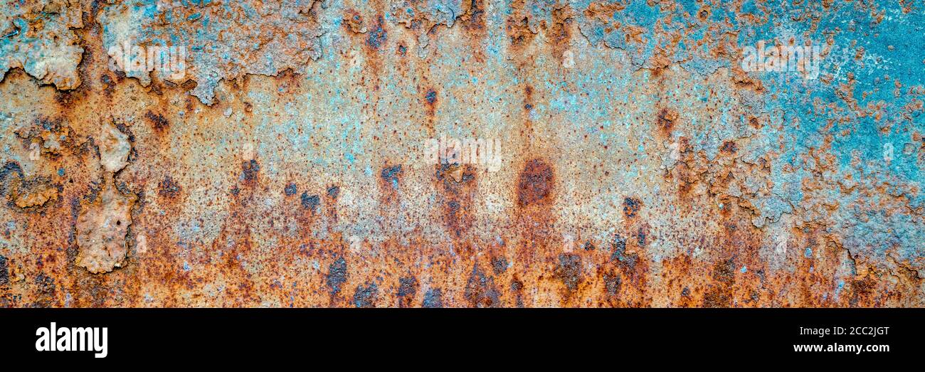 blue grunge painted metal texture of a junk car body, panoramic web ...