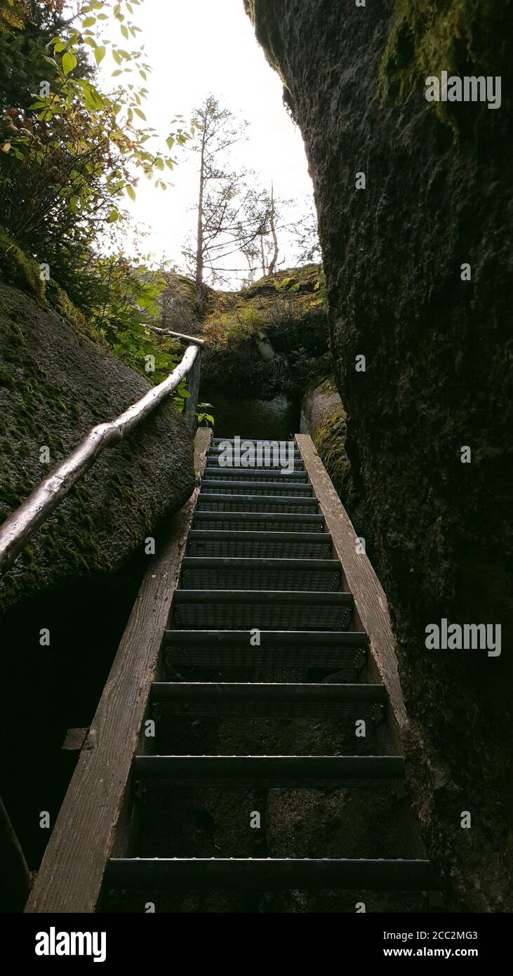 Low angle shot of the stairs in the middle of Luisenburg Rocky ...