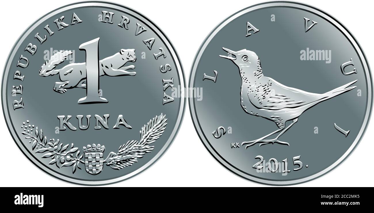 Croatian 1 kuna coin, Nightingale on reverse, marten, coat of arms ...
