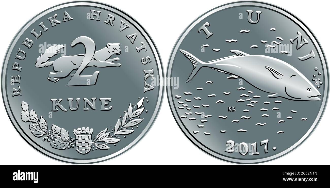 Croatian 2 kuna coin, Tuna on reverse, marten, coat of arms, state ...