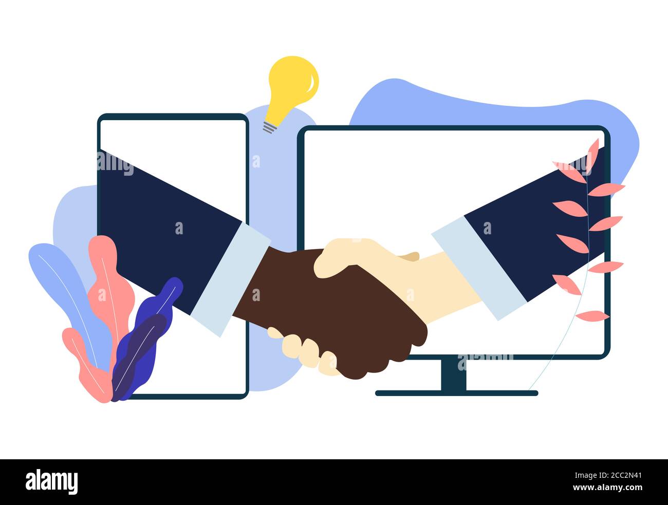 White and black American people shaking hands through computer and ...