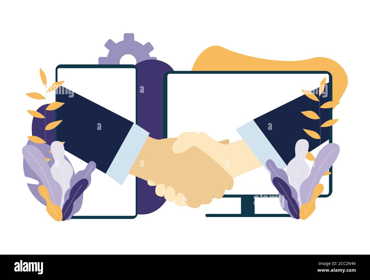 People shaking hands through computer and mobile phone screens ...