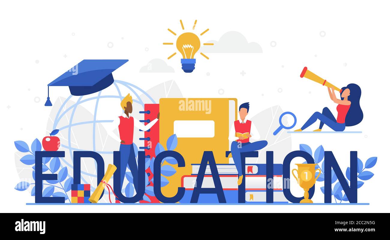 Education word vector illustration. Cartoon flat tiny student people ...