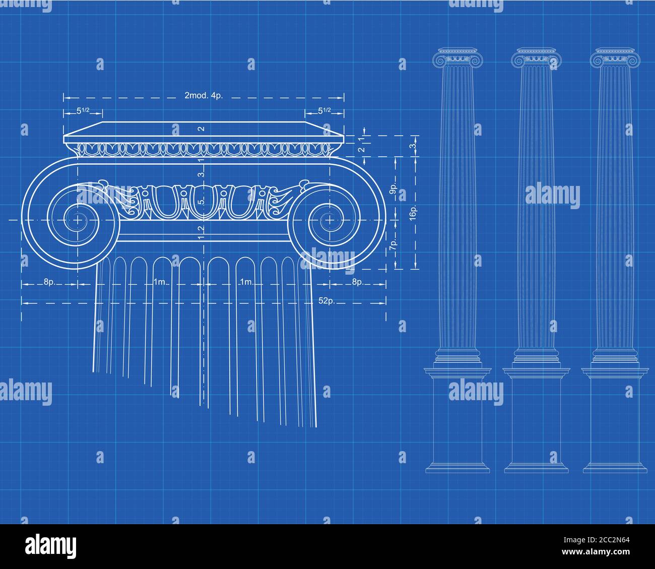 Detail Of Ionic Column With Measures On Technical Background Stock