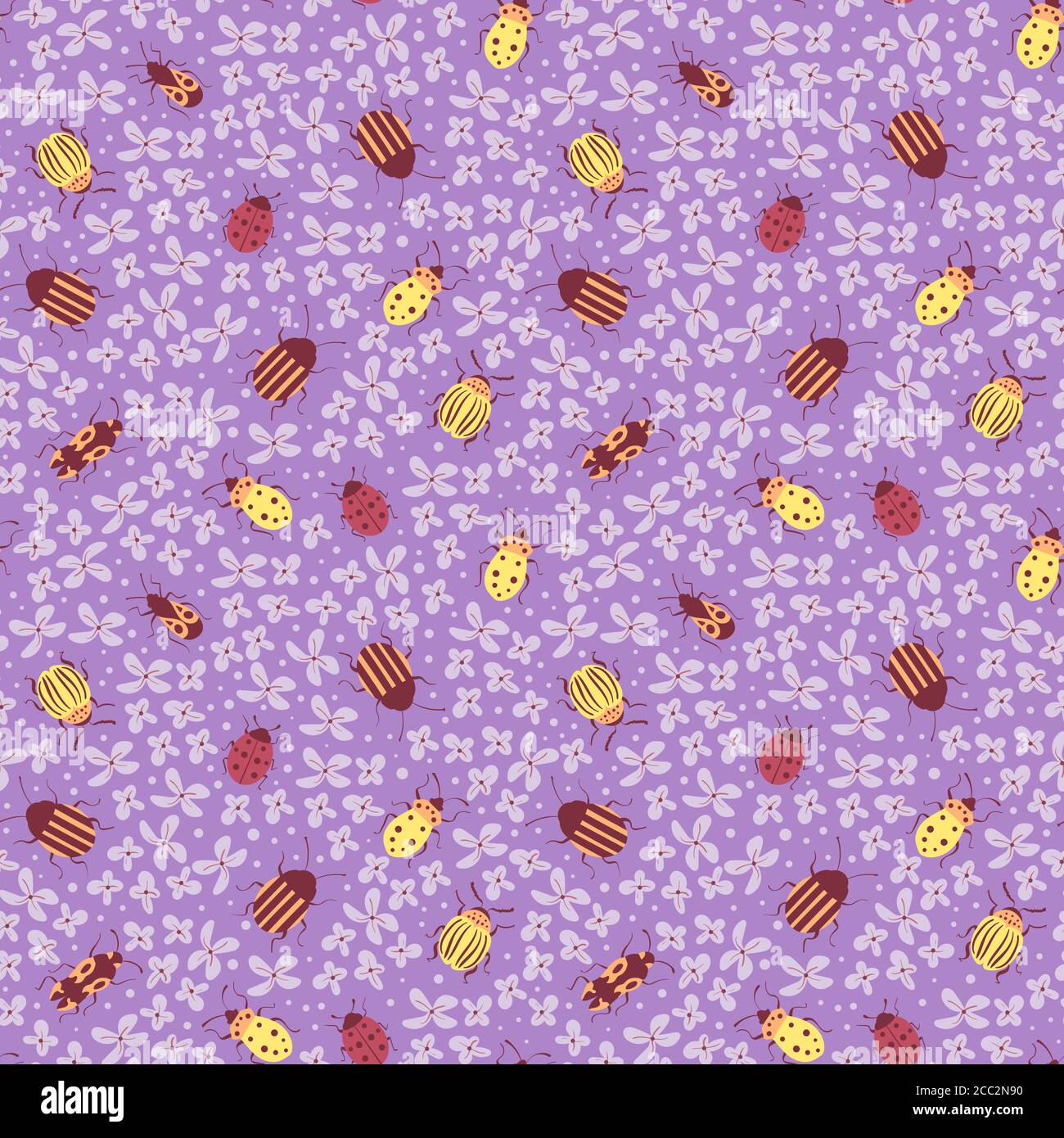 Seamless pattern with beetles and flowers on violet background. Vector ...