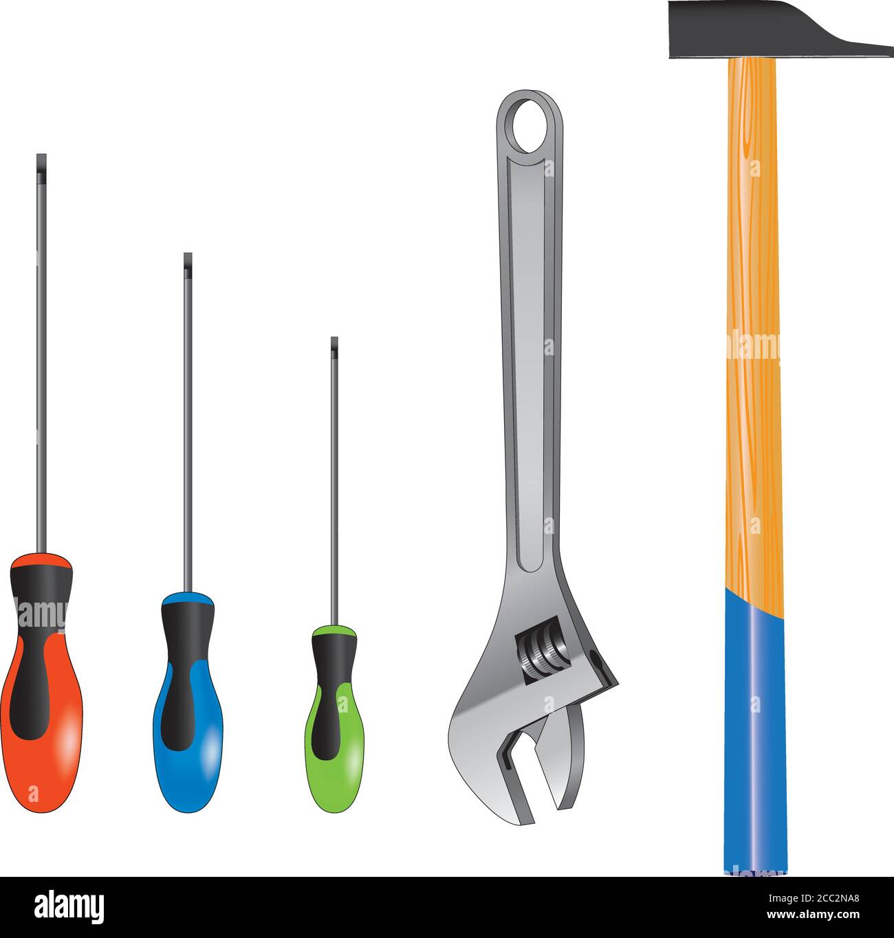 three screwdriver, one spanner and one hammer on white background Stock ...