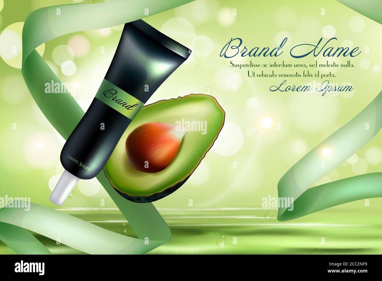 Avocado cosmetics vector illustration. Organic realistic product bottle ...