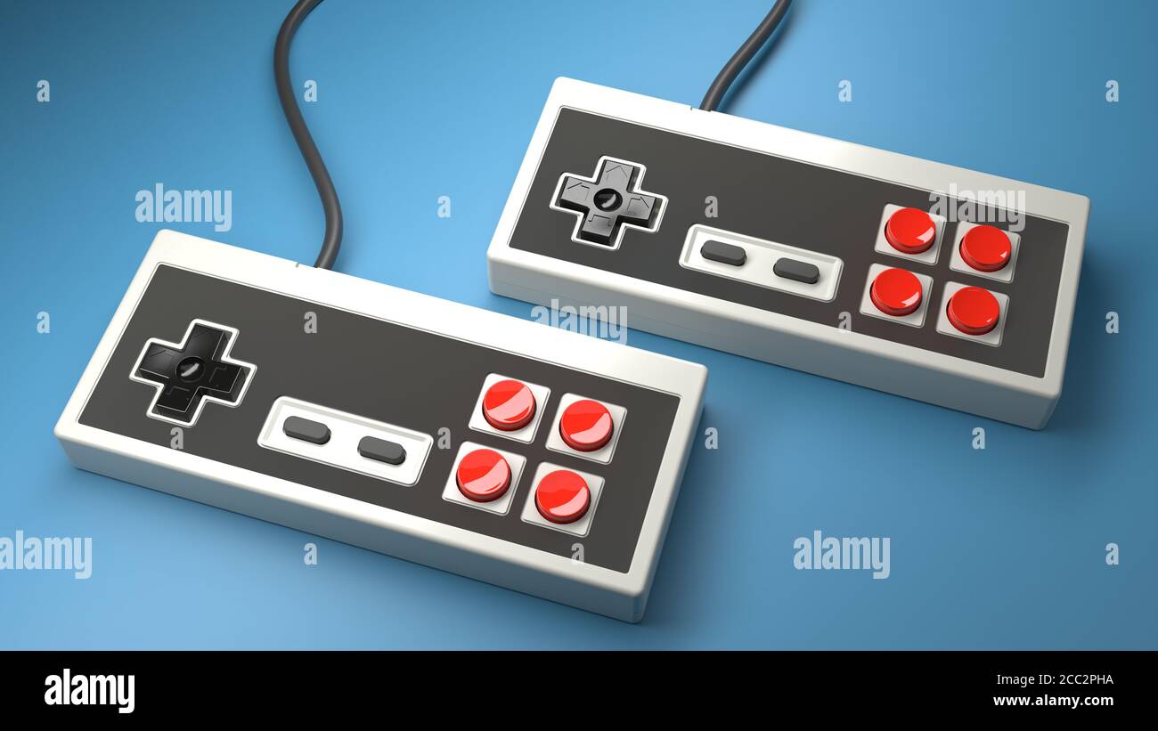 Retro computer gaming controller joystick on a blue background Stock ...