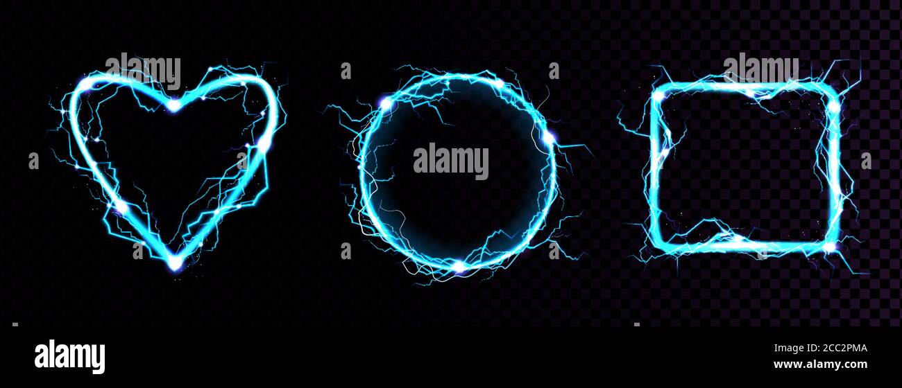 Electric lightning frames in shape of circle, heart and square. Digital glowing neon borders ...