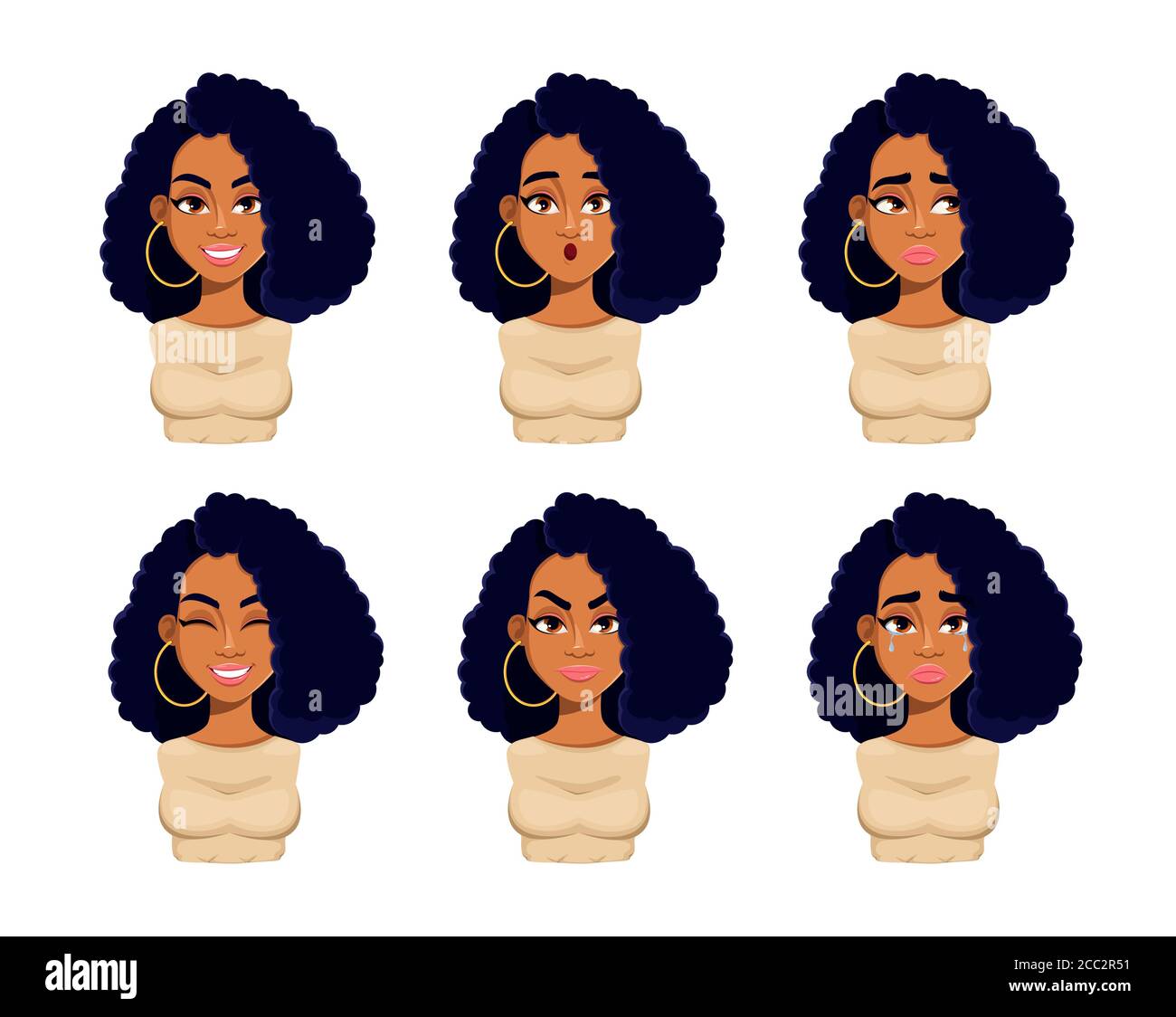Emotions of beautiful African American woman. Six different facial ...