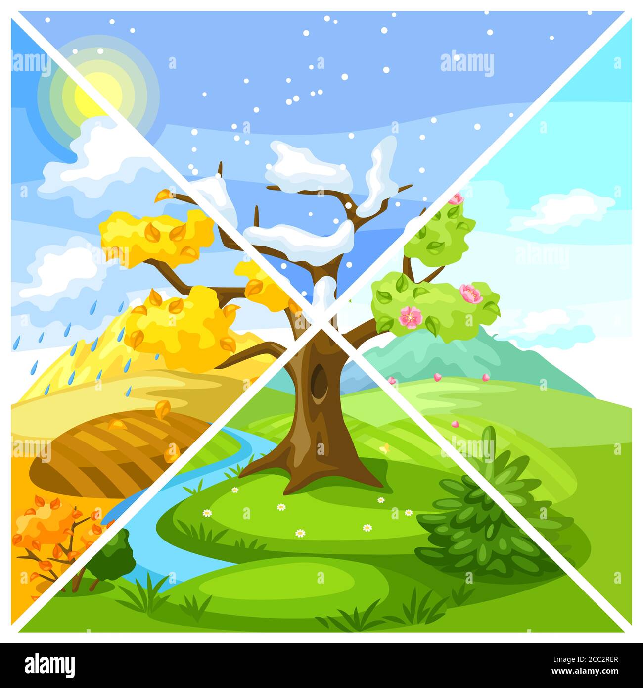 Four seasons landscape. Illustration with trees, mountains and hills in ...