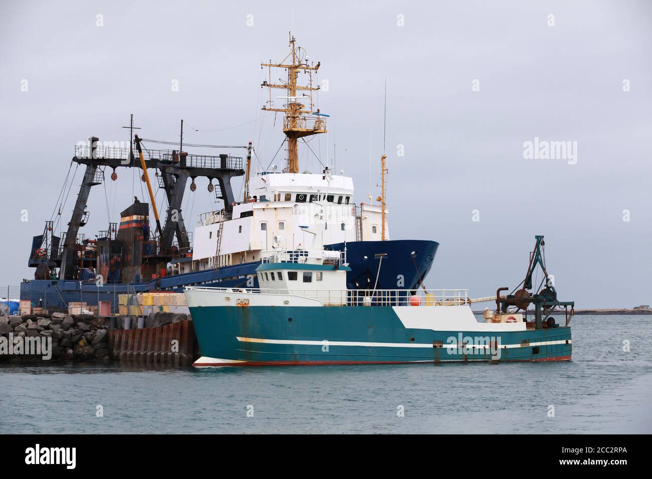 Industrial trawler ships stand moored in port of Reykjavik, Iceland ...