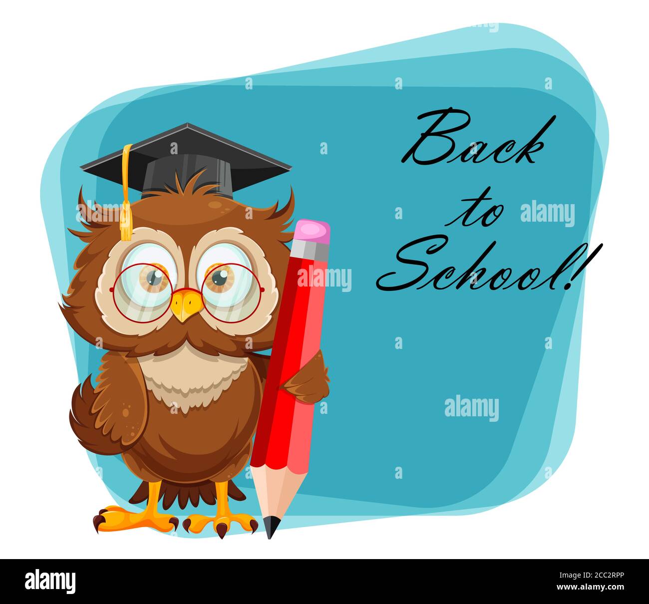 Back to school greeting card with cute wise owl holding big pencil ...