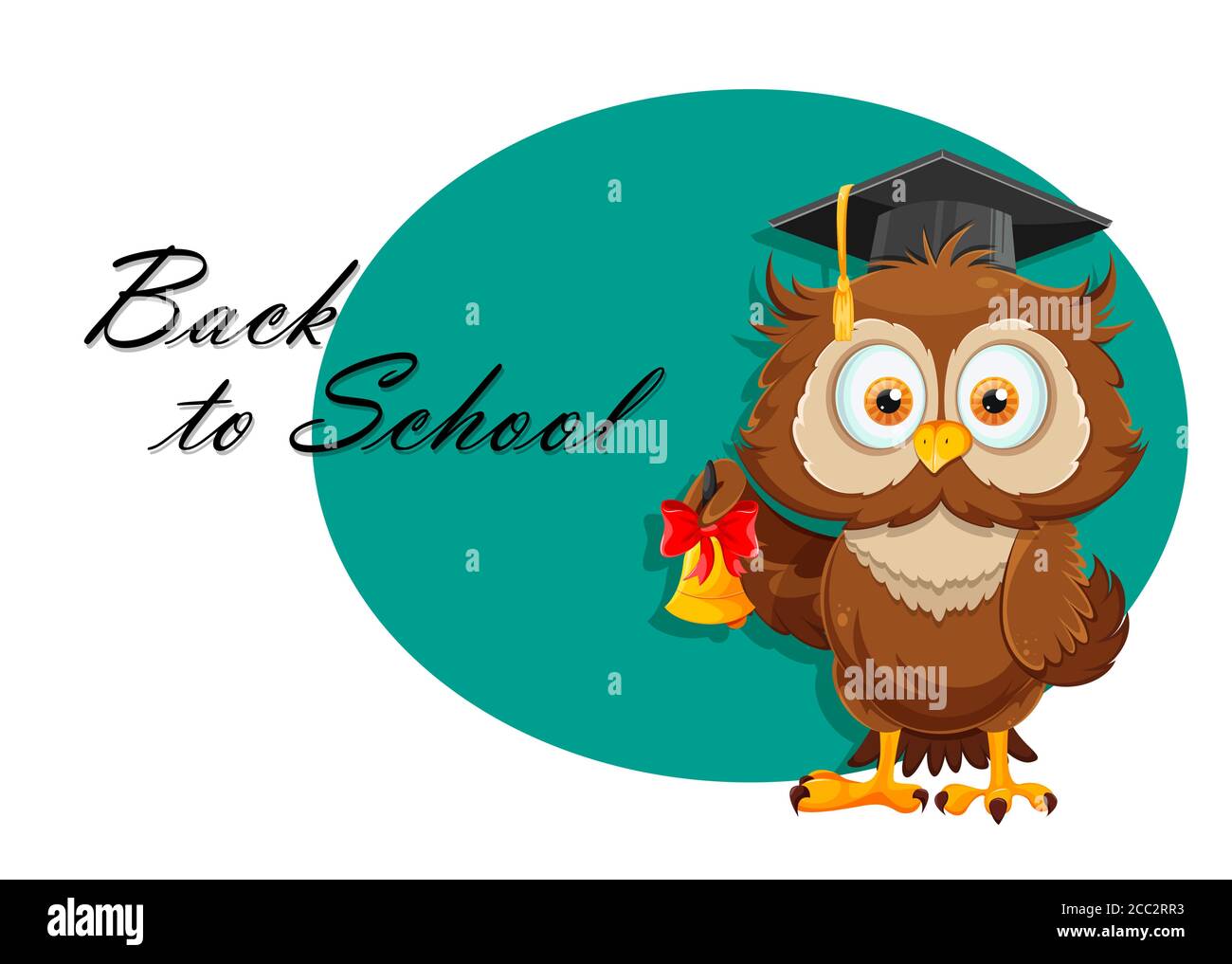 Back to school greeting card with cute wise owl holding little bell ...
