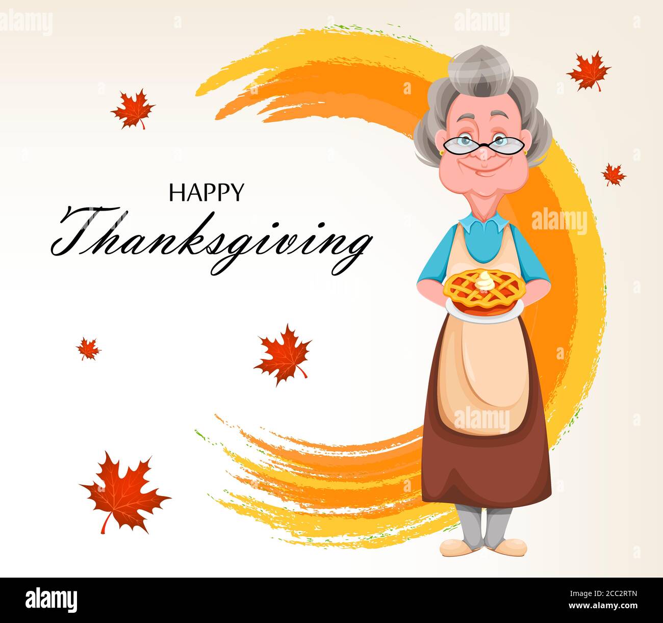 Happy Thanksgiving Day greeting card. Cute smiling old woman. Cheerful ...
