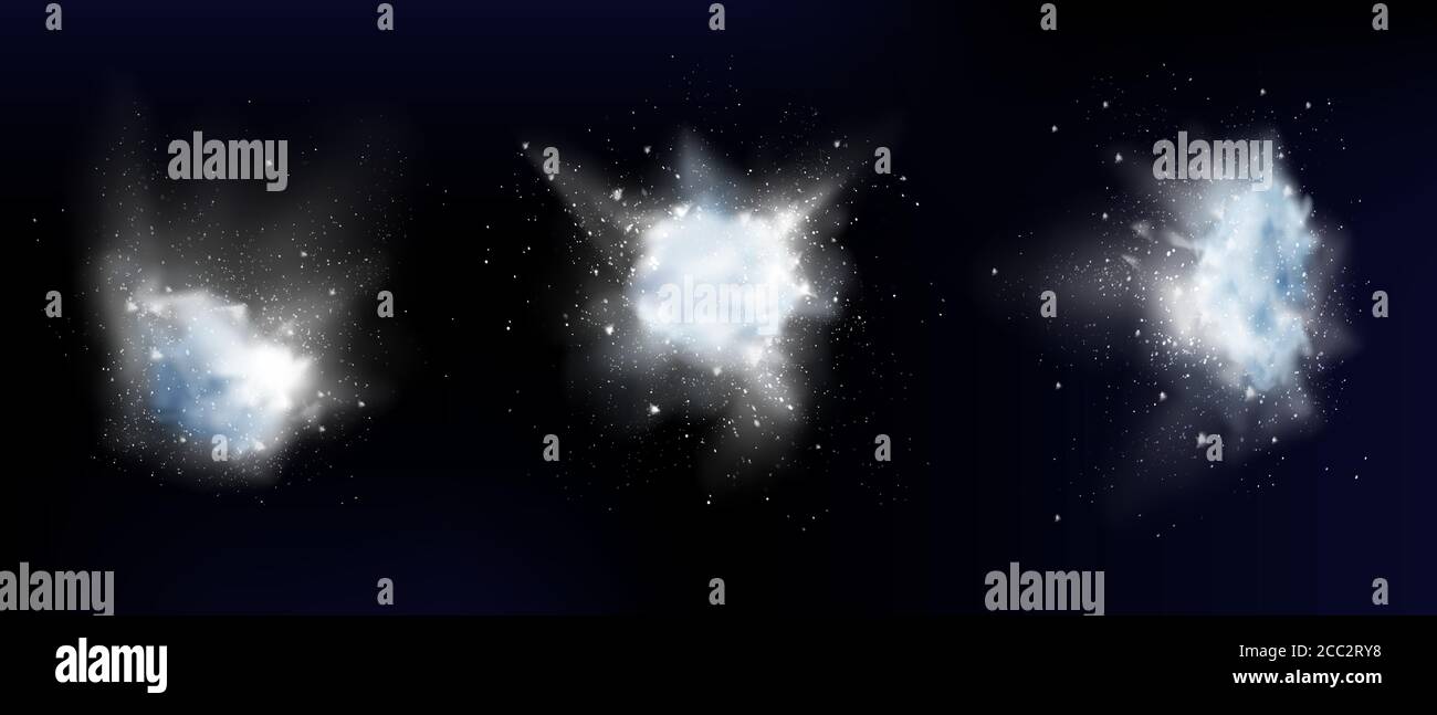 Snow powder white explosion, ice or snowflakes splash clouds, design ...