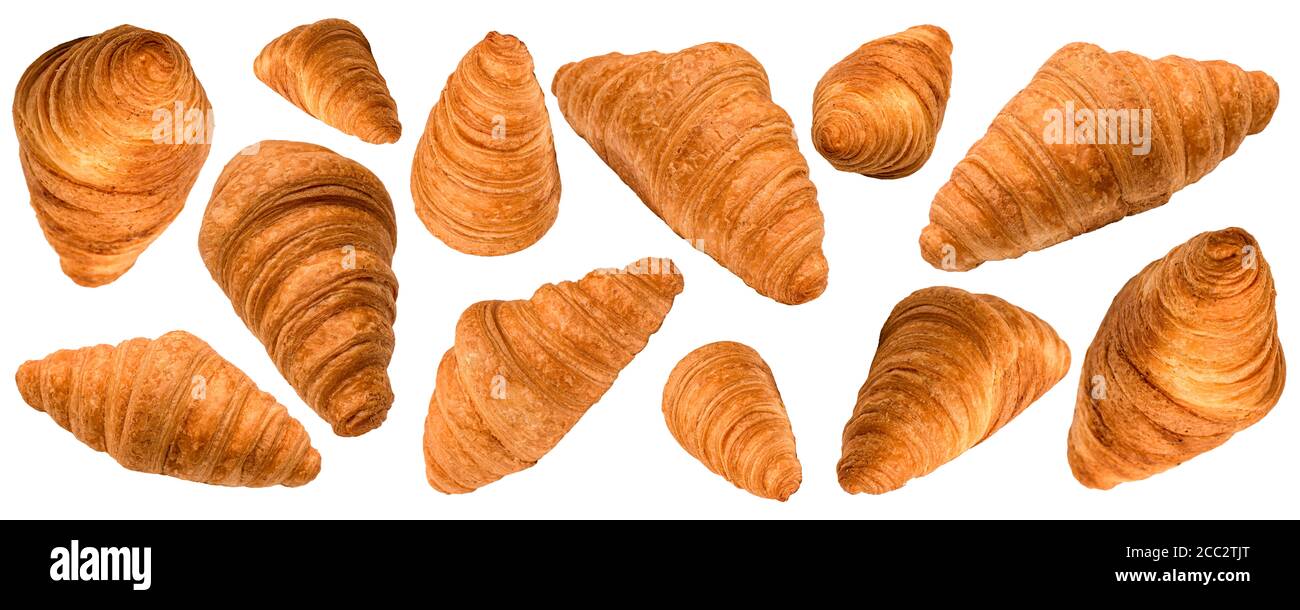 Set of fresh levitating or flying croissants from different positions ...