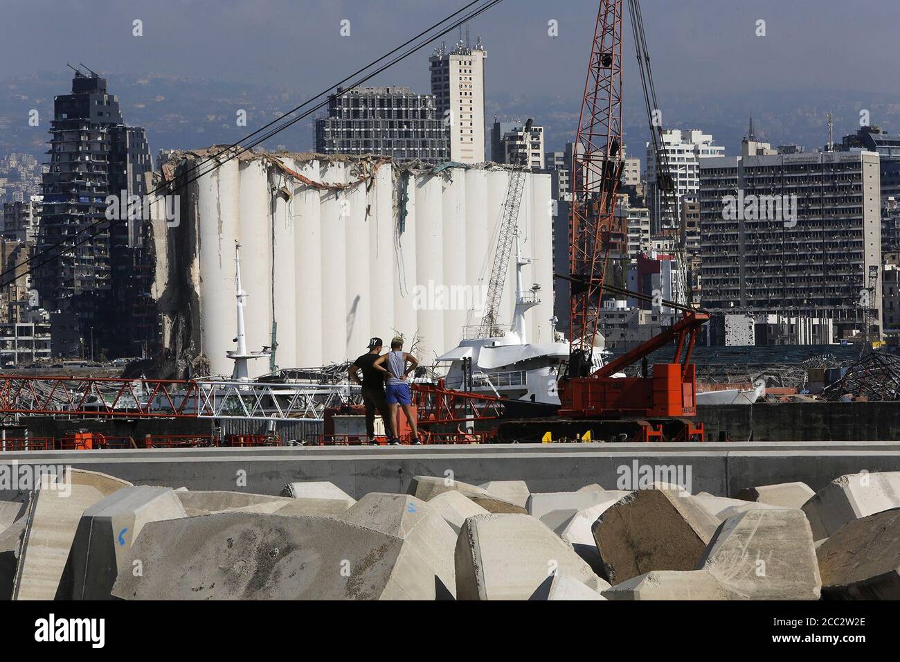 Beirut, Lebanon. 16th Aug, 2020. Damaged buildings near the site a ...