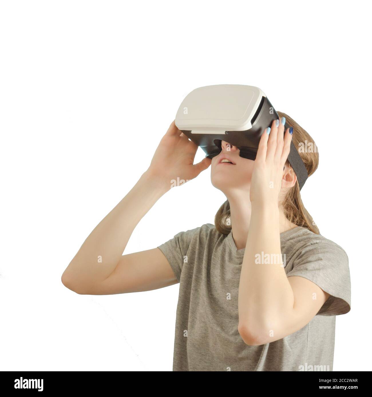 Yuong woman with glasses of virtual reality. White background Stock ...