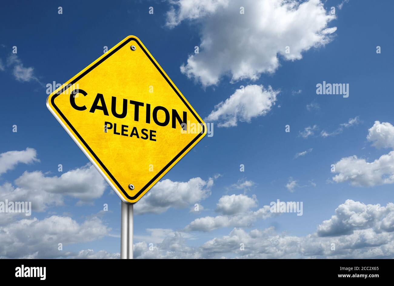 Caution Please - yellow roadsign information Stock Photo - Alamy