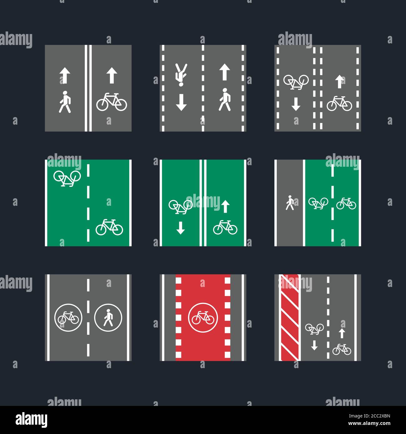 Bicycle and pedestrian road sign illustration set - square icons and ...