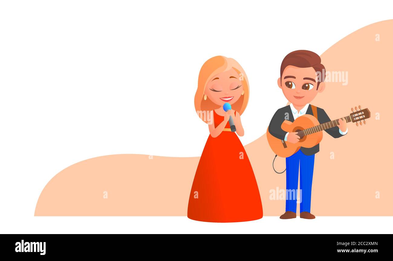 Cartoon boy and girl sing a song on stage with a guitar Stock Vector ...