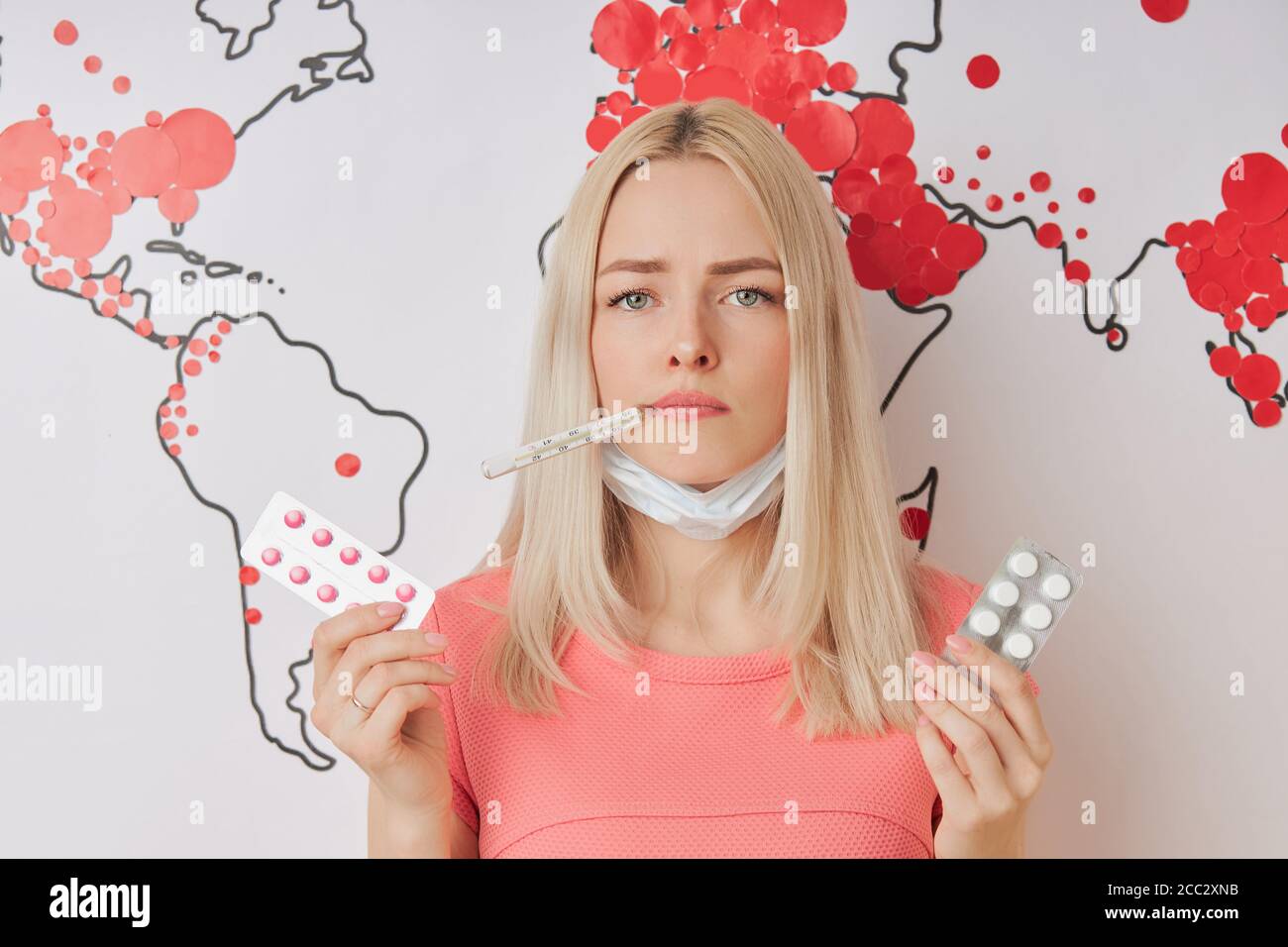 portrait of young caucasian woman got high fever during coronavirus ...