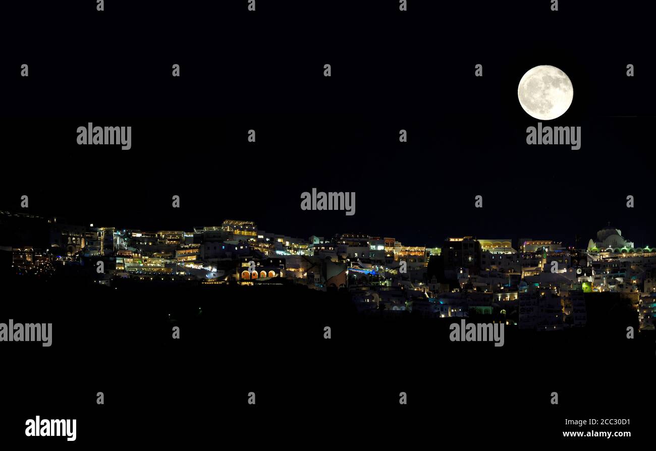 Panorama Image of the Lights at Night in Santorini, Greece as the Full ...