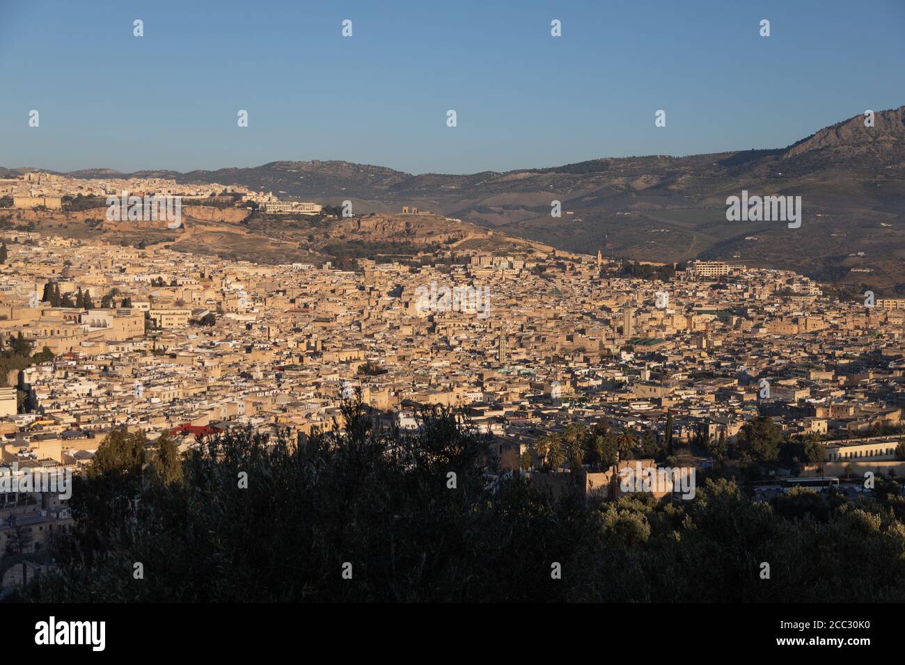 Fes Morocco cityscape with medina in centre seen from hills above in ...