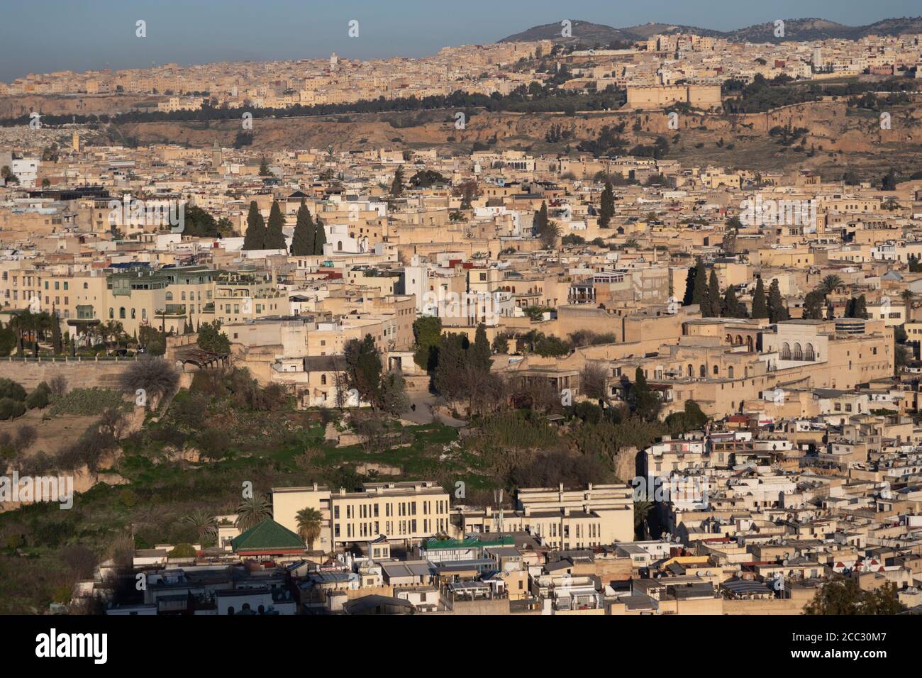 Fes Morocco cityscape with medina in centre seen from hills above in ...