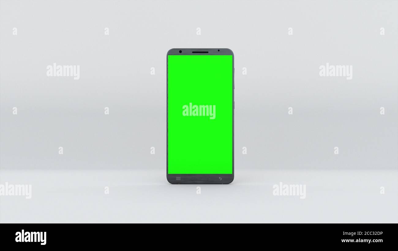 Demonstration of a smartphone with a green screen. Computer generated ...