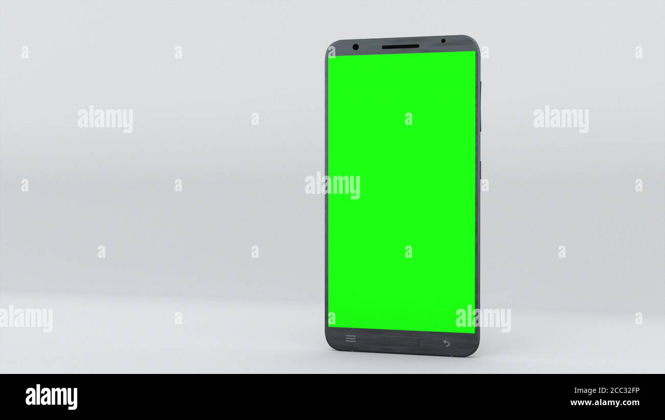 Demonstration of a smartphone with a green screen. Computer generated ...