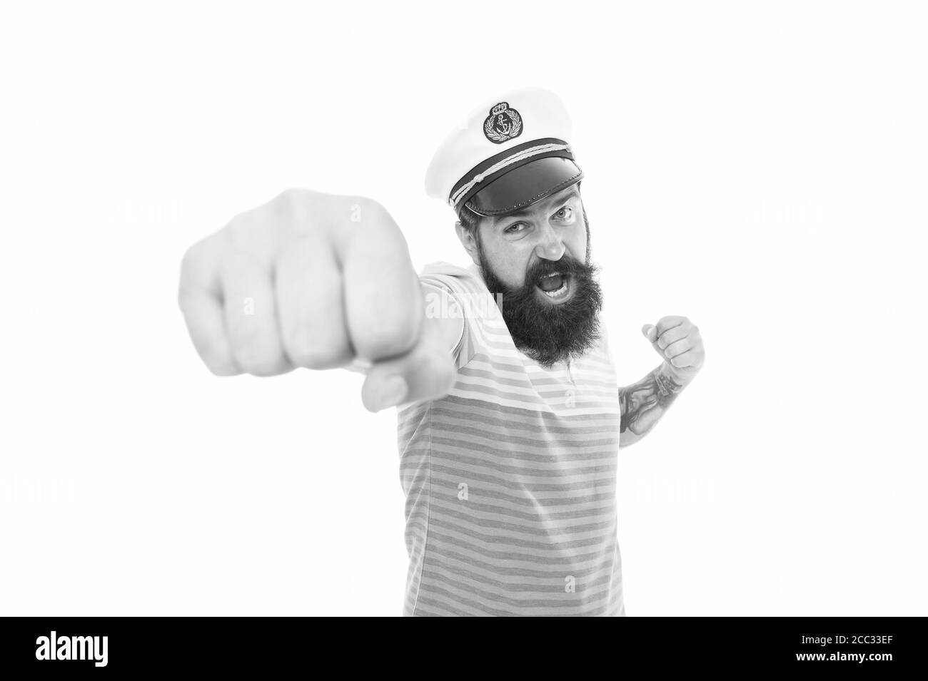 Attack. Punch in face. Sailor spirit. Bearded sailor isolated on white ...