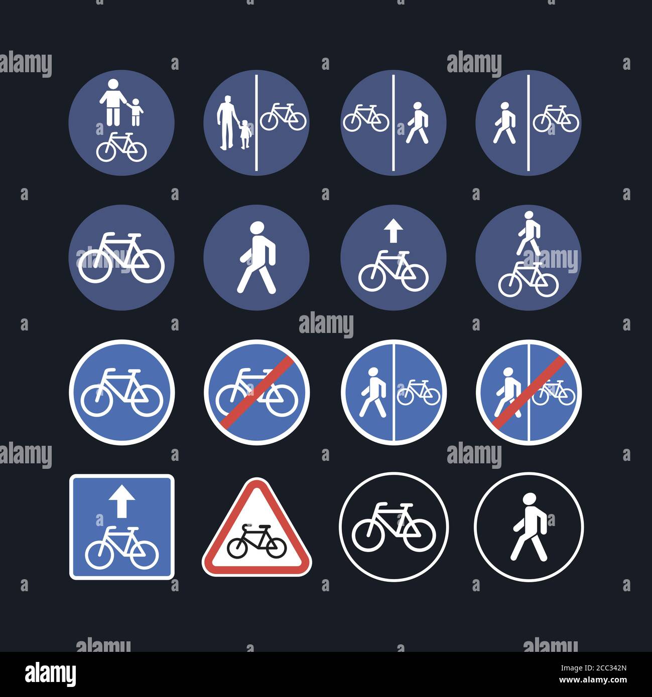 Bicycle and pedestrian traffic warning road signs - illustration icon ...