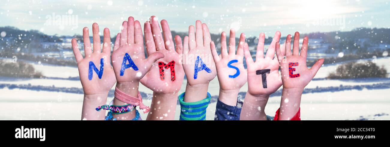 Children Hands Building Word Namaste Means Hello, Snowy Winter ...