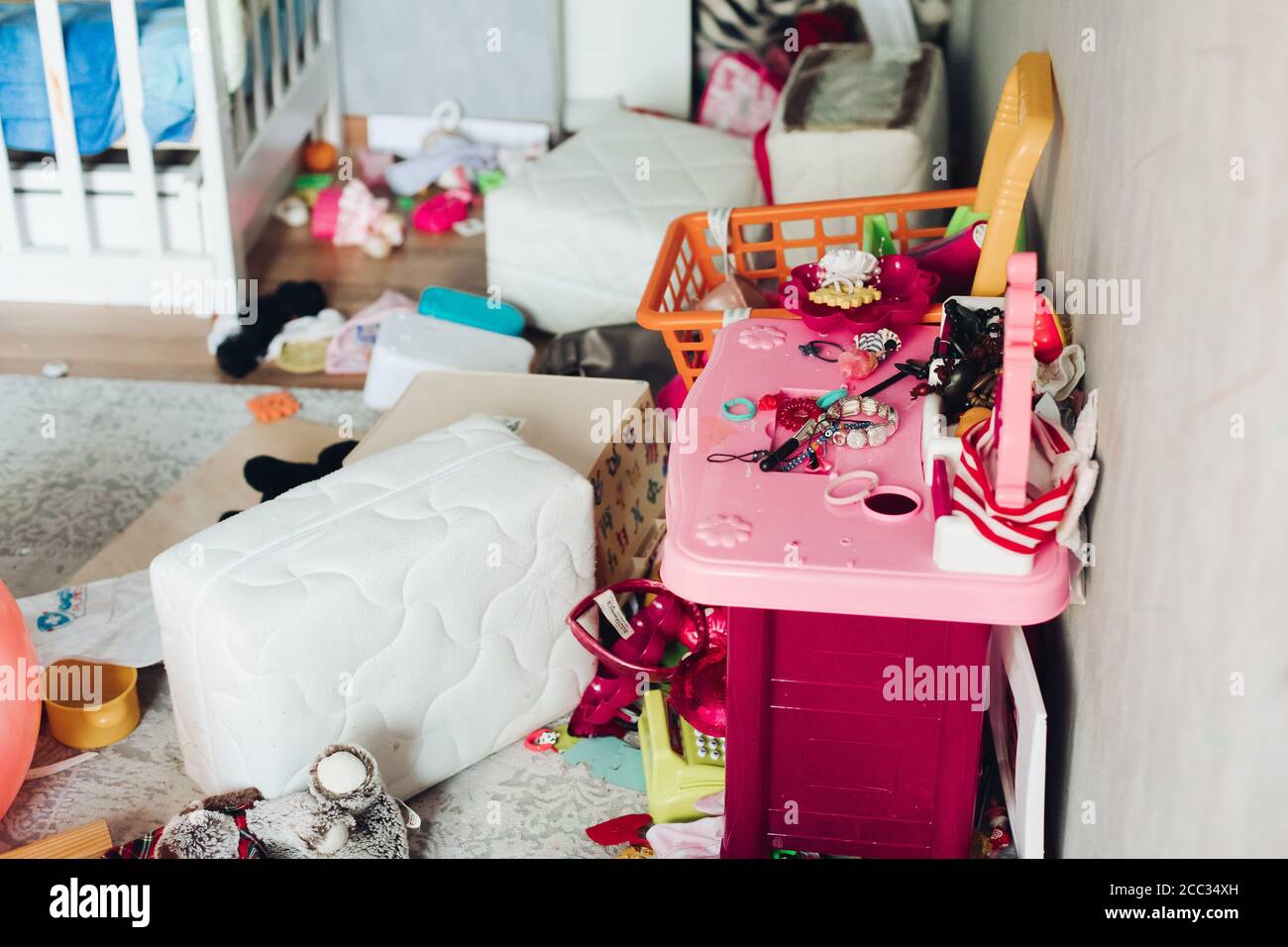 Fragment of a photo of a children's room with scattered things and toys ...