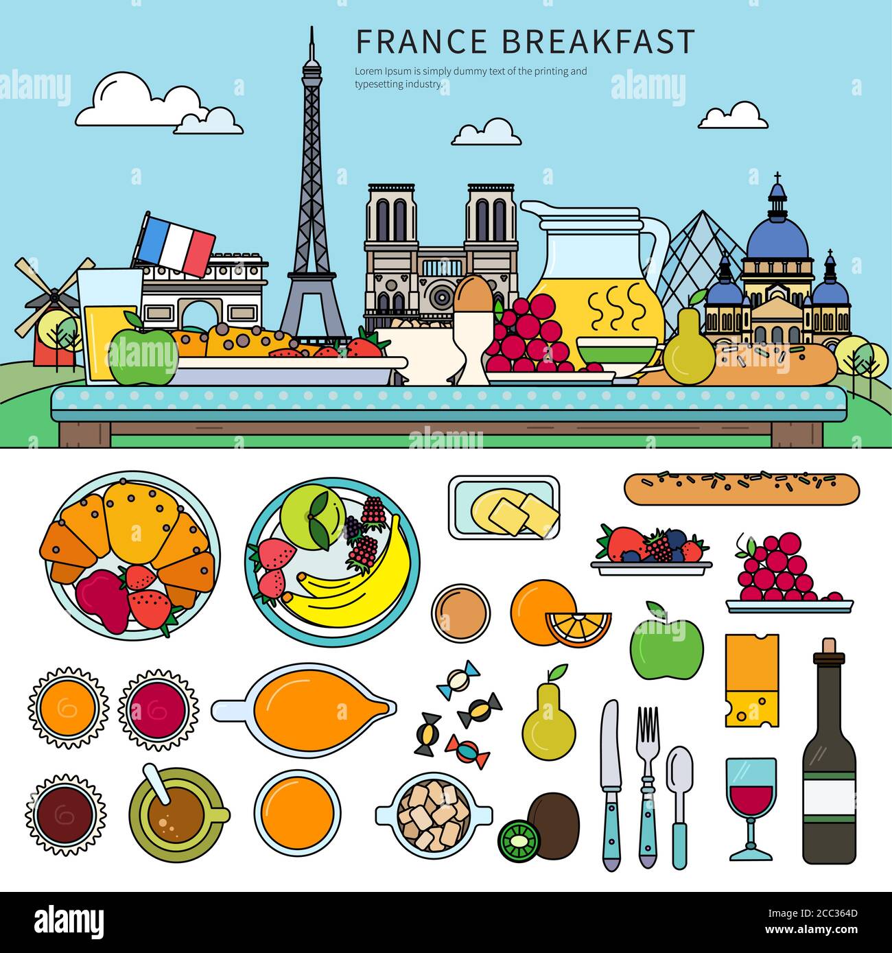 French breakfast flat line vector against the background of French ...