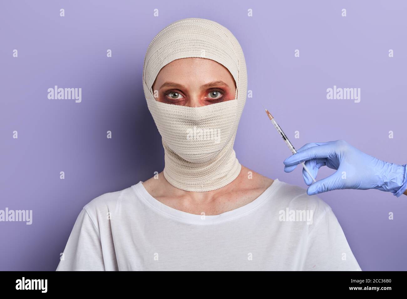 girl with bandage around head after brain beauty plastic surgery ...