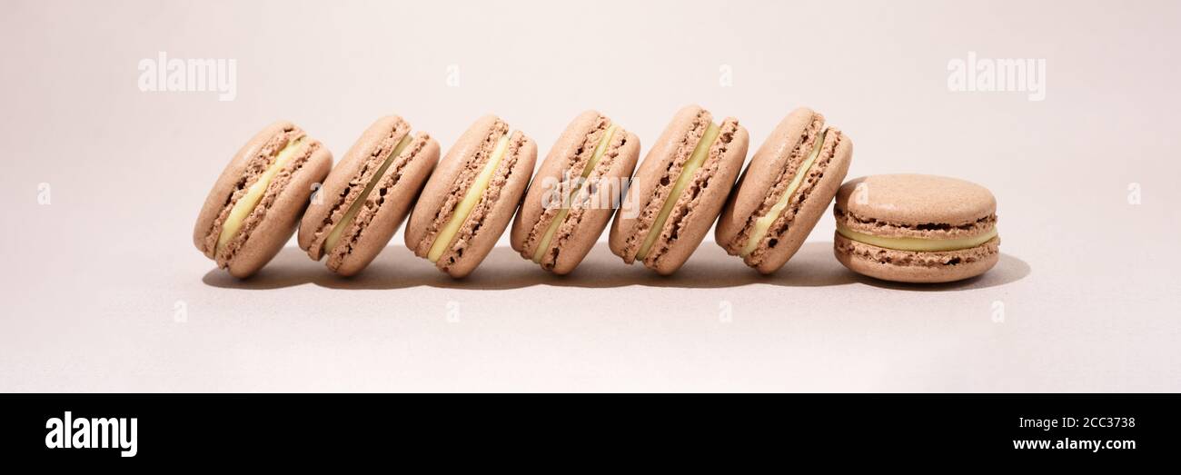 Row of many perfect chocolate macarons on the natural background. Front ...