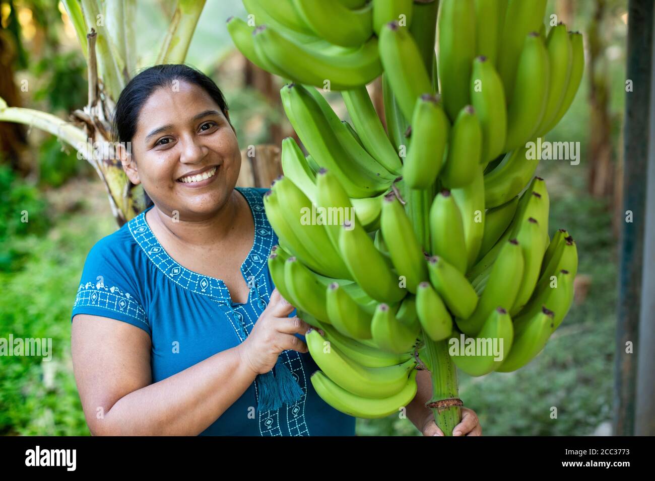 A young Latina woman smiles with a bunch of bananas hanging on her farm ...