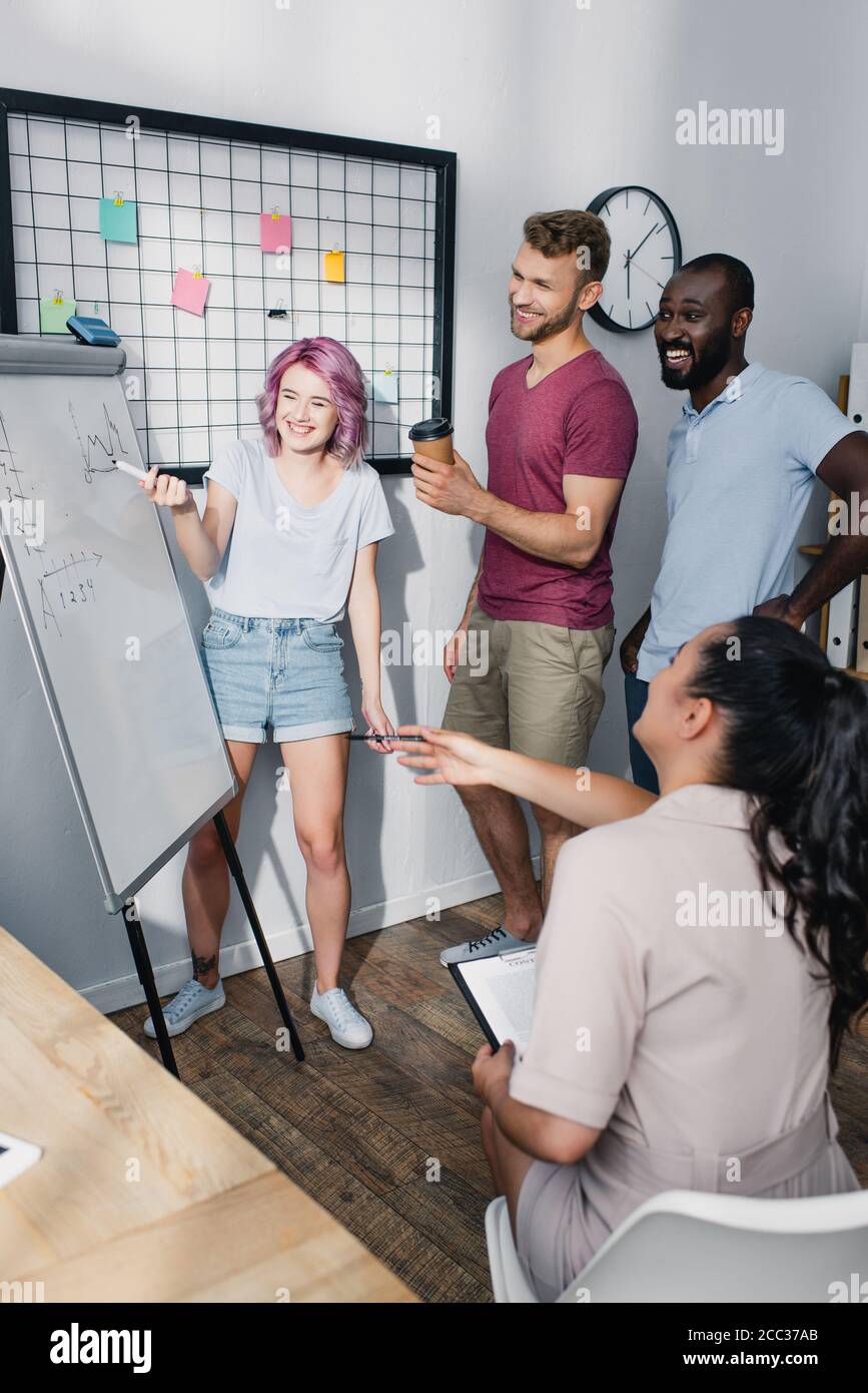 Selective focus of multicultural business people pointing at charts on whiteboard while working ...