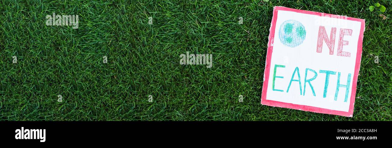 Panoramic shot of placard with one earth lettering on green grass ...