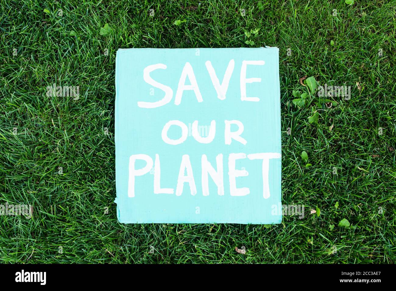 Top view of save our planet lettering on placard on green grass ...