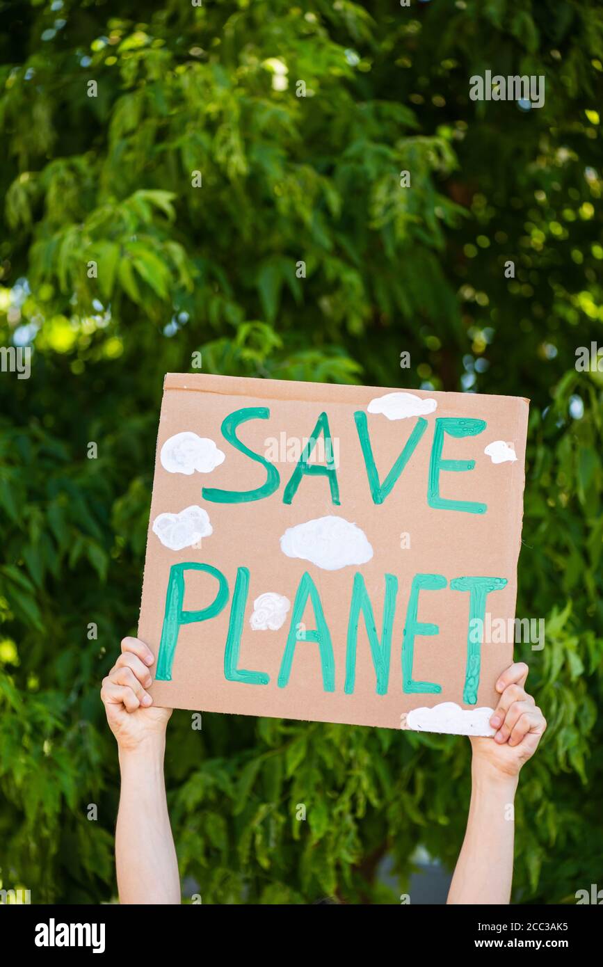 Cropped view of man holding placard with save planet words with trees ...